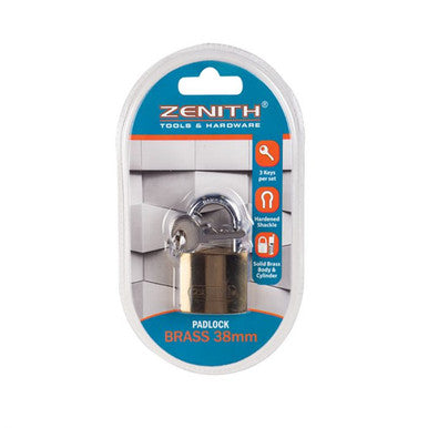 Zenith 38mm Solid Brass Padlock with Hardened Shackle & 3 Keys | Mega Cart